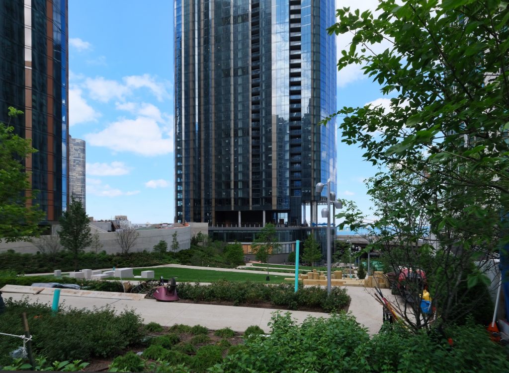 Landscaping at Cascade Park Wraps in Lakeshore East - Chicago YIMBY
